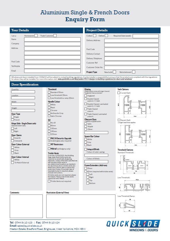 Aluminium Single and French Doors Order Form pdf